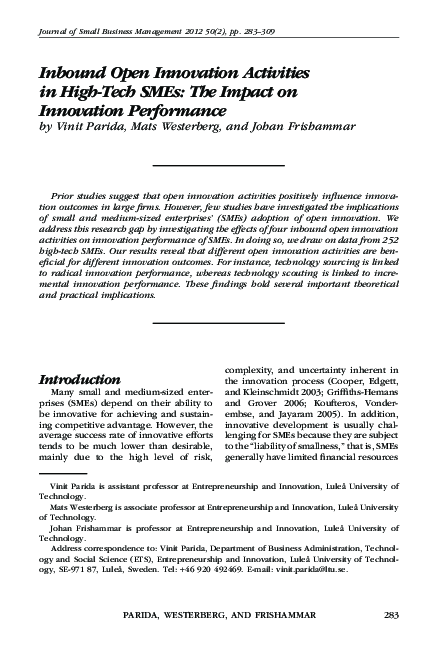 (PDF) Inbound Open Innovation Activities in High-Tech SMEs: The Impact ...