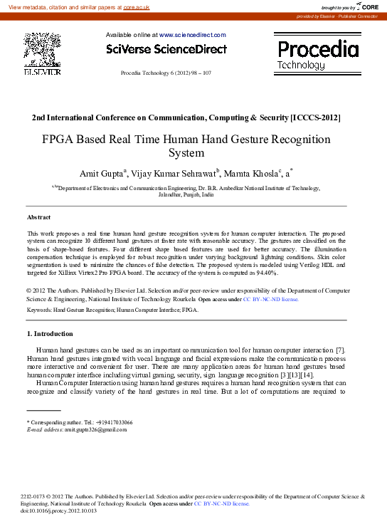 Pdf Fpga Based Real Time Human Hand Gesture Recognition System