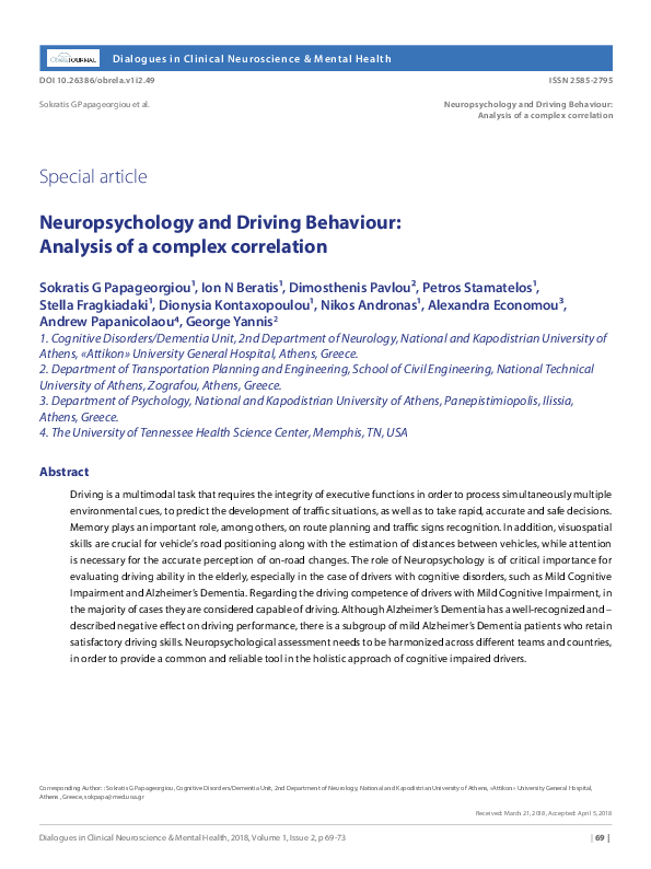 (PDF) Neuropsychology and Driving Behaviour: Analysis of a complex ...