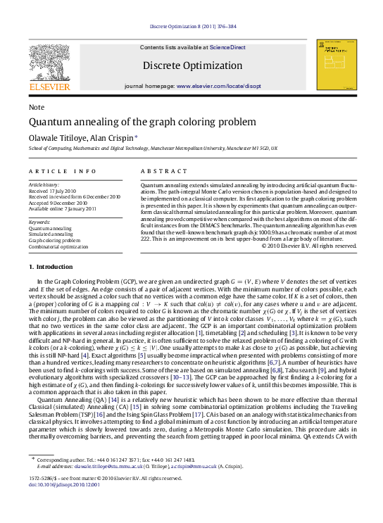 (PDF) Quantum annealing of the graph coloring problem | Alan Crispin - Academia.edu