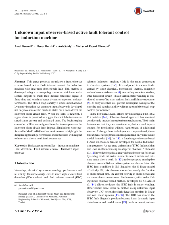 Pdf Unknown Input Observer Based Active Fault Tolerant Control For Induction Machine Amal