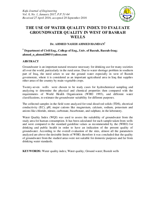 (PDF) The Use of Water Quality Index to Evaluate Groundwater Quality in ...