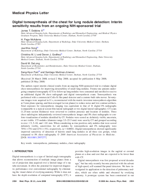 (PDF) Digital tomosynthesis of the chest for lung nodule detection ...