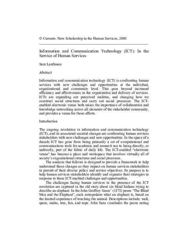 (PDF) Information and Communication Technology (ICT): In the Service of Human Services