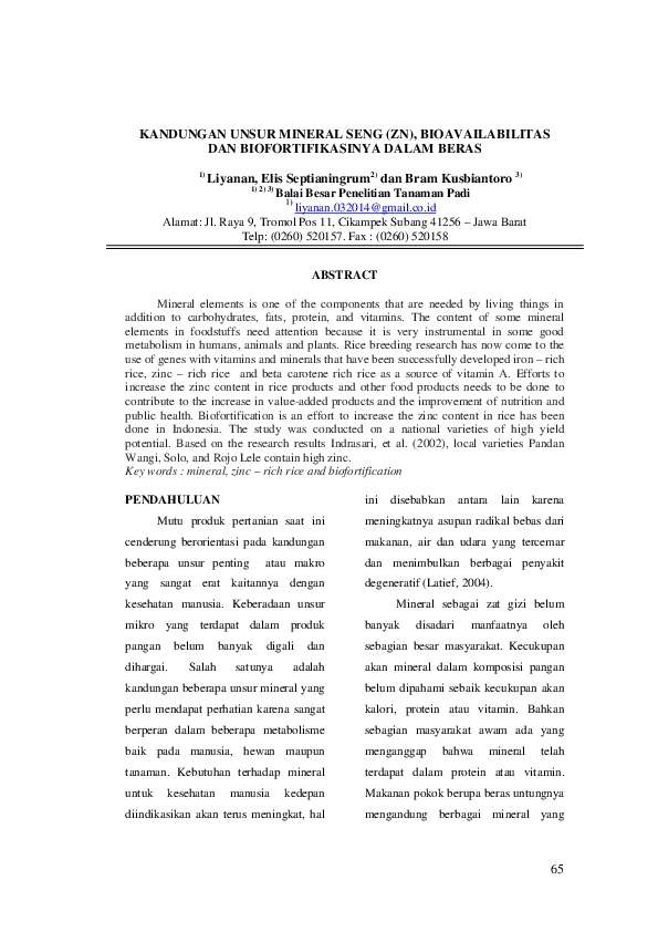 Pdf Kandungan Unsur Mineral Seng Zn Bioavailabilitas Dan