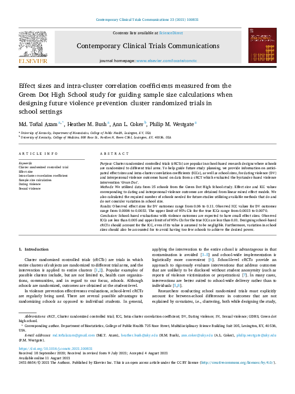 (PDF) Effect sizes and intra-cluster correlation coefficients measured ...