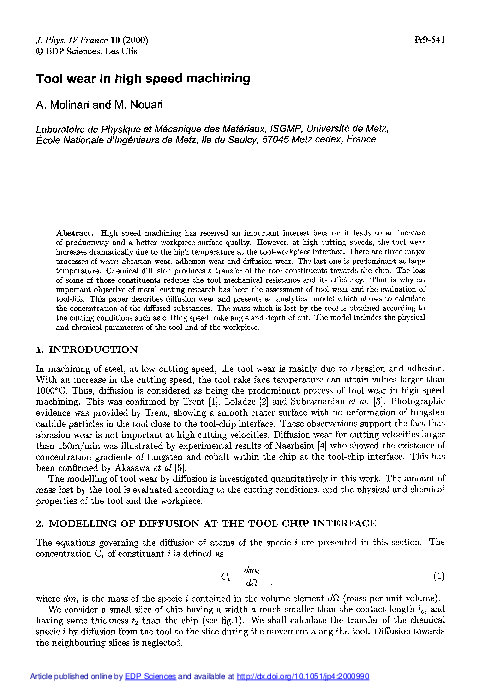 Pdf Tool Wear In High Speed Machining