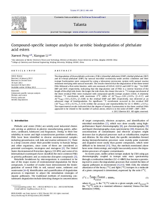 (PDF) Compound-specific isotope analysis for aerobic biodegradation of phthalate acid esters ...
