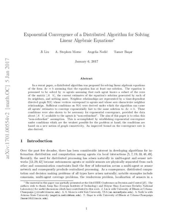 (PDF) Distributed Algorithm for Exponential Convergence in Linear Equations