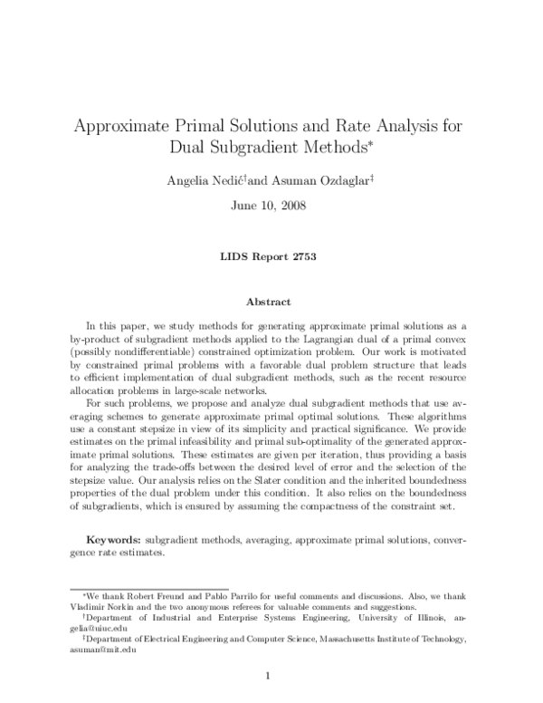 (PDF) Approximate Primal Solutions and Rate Analysis for Dual Subgradient Methods