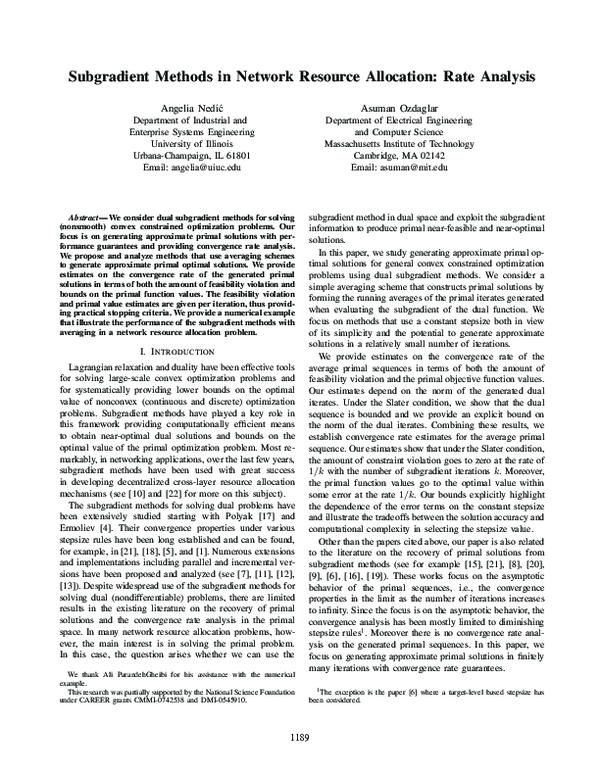 Pdf Subgradient Methods In Network Resource Allocation Rate Analysis Angelia Nedich