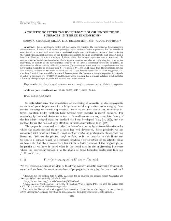 (PDF) Acoustic Scattering by Mildly Rough Unbounded Surfaces in Three Dimensions
