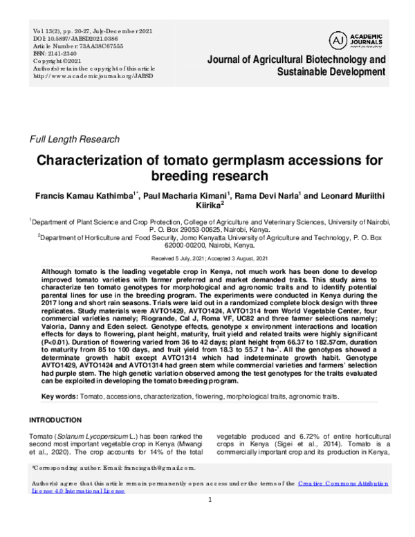(PDF) Characterization of tomato germplasm accessions for breeding research