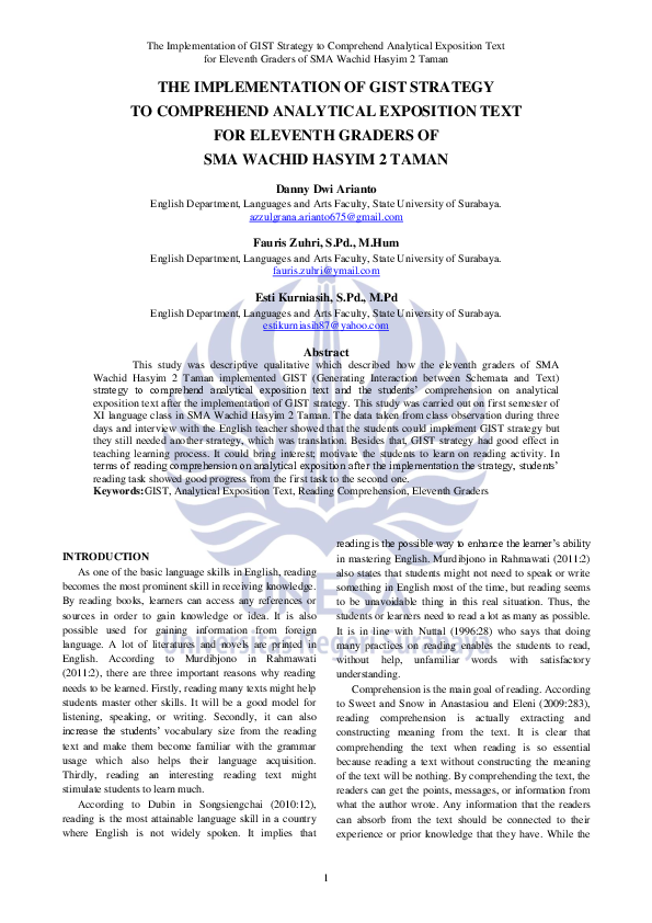 (PDF) The Implementation of Gist Strategy to Comprehend Analytical Exposition Text for Eleventh ...