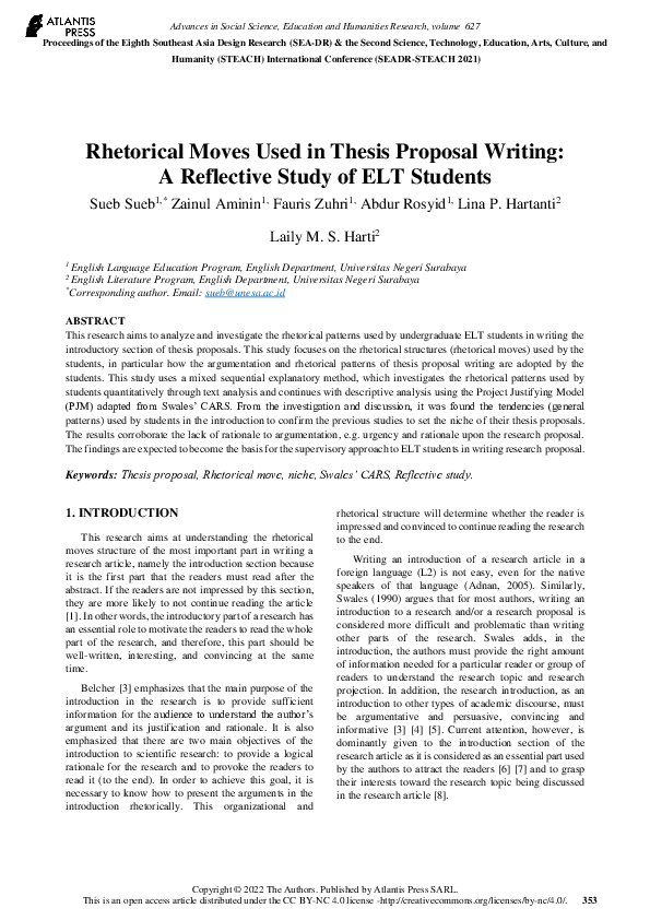 (PDF) Rhetorical Moves Used in Thesis Proposal Writing: A Reflective ...