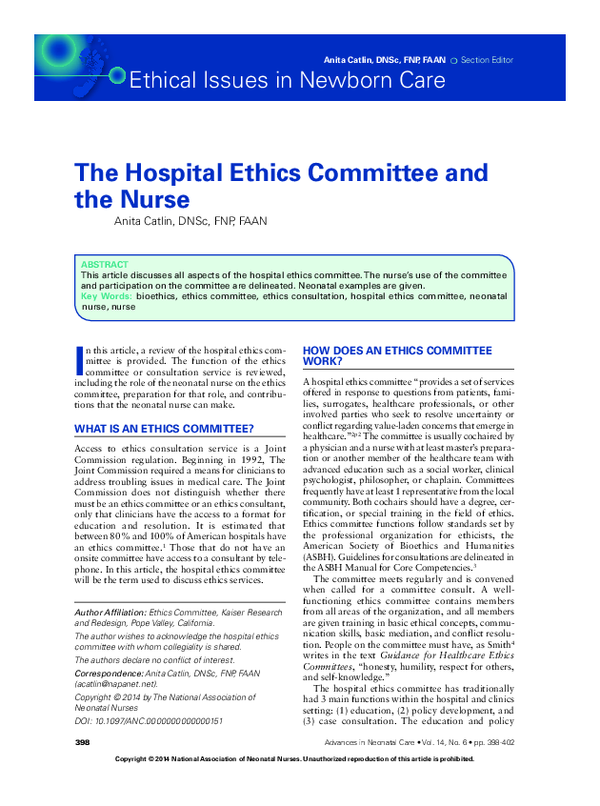 (PDF) The hospital ethics committee and the nurse