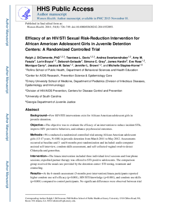 Pdf Efficacy Of An Hiv Sti Sexual Risk Reduction Intervention For African American Adolescent