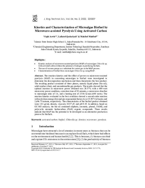 Pdf Kinetics And Characterization Of Microalgae Biofuel By Microwave Assisted Pyrolysis Using