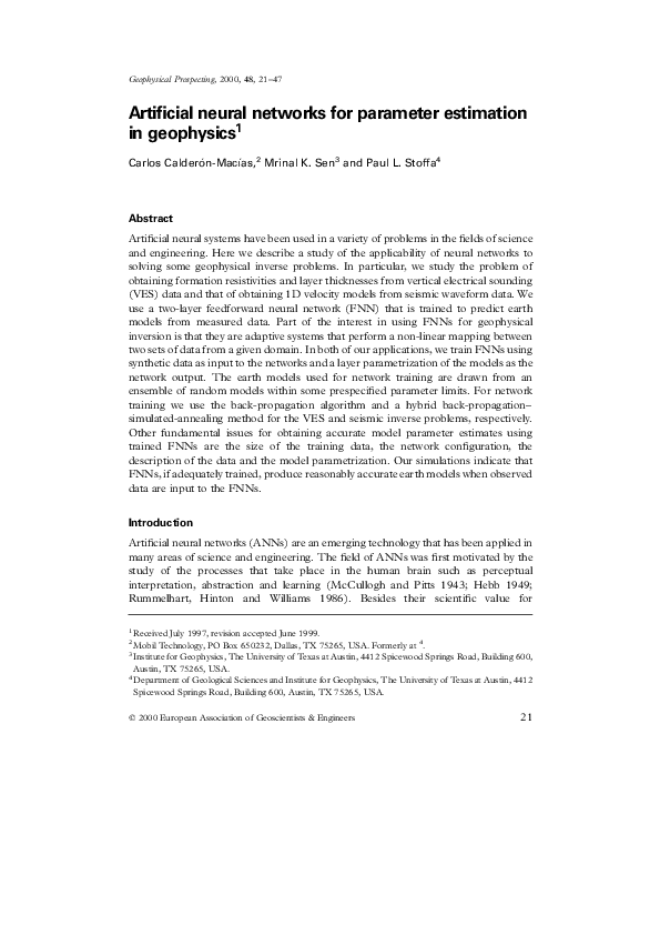 Pdf Artificial Neural Networks For Parameter Estimation In Geophysics