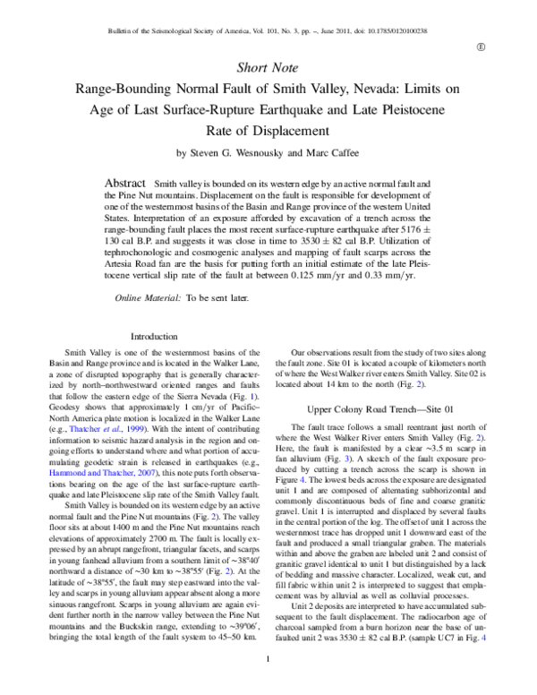 (PDF) Range-Bounding Normal Fault of Smith Valley, Nevada: Limits on ...
