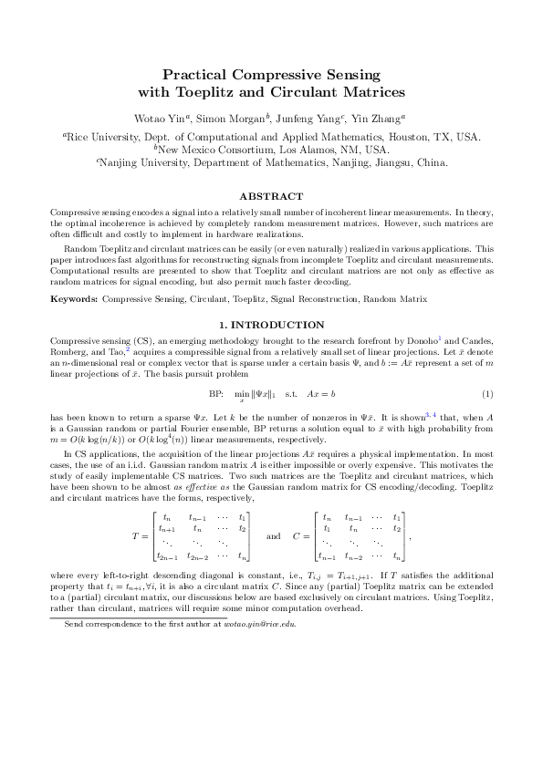 Pdf Practical Compressive Sensing With Toeplitz And Circulant Matrices