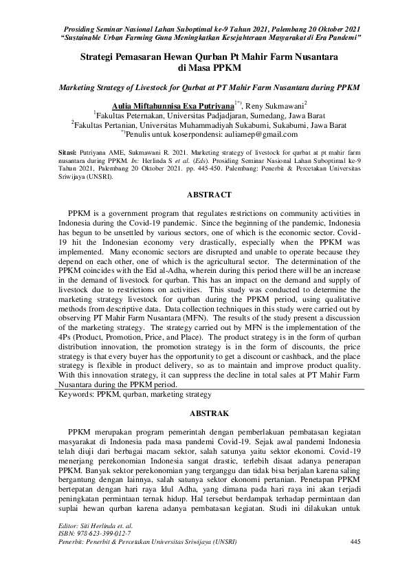 (PDF) Strategi Pemasaran Hewan Qurban Pt Mahir Farm Nusantara di Masa PPKM
