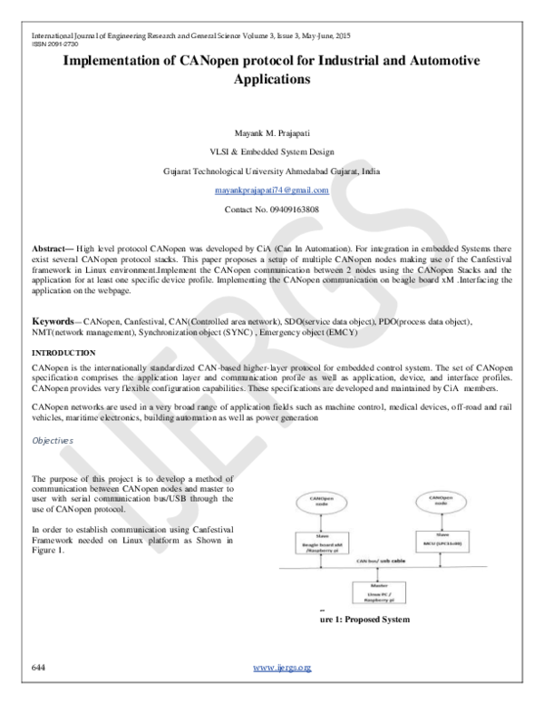 (PDF) Implementation of CANopen protocol for Industrial and Automotive Applications