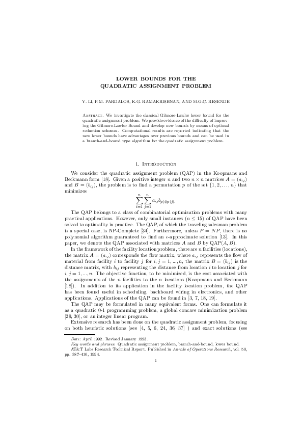 (PDF) Lower bounds for the quadratic assignment problem