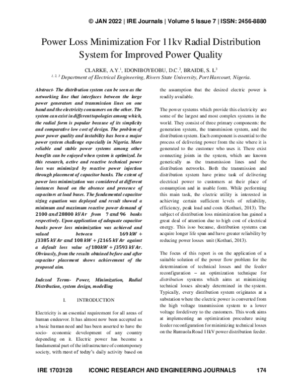 (PDF) Power Loss Minimization For 11kv Radial Distribution System for Improved Power Quality
