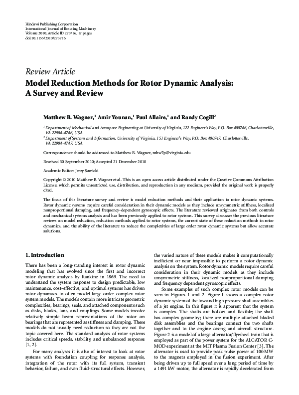 Pdf Model Reduction Methods For Rotor Dynamic Analysis A Survey And