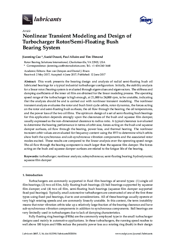 (PDF) Nonlinear Transient Modeling and Design of Turbocharger Rotor/Semi-Floating Bush Bearing ...