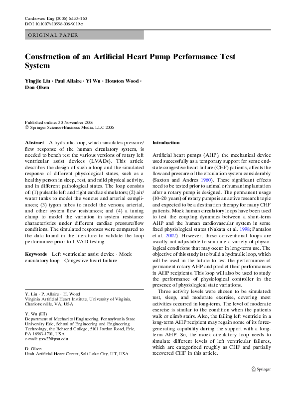 (PDF) Construction of an artificial heart pump performance test system