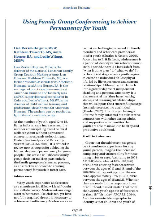 (PDF) Using Family Group Conferencing to Achieve Permanency for Youth