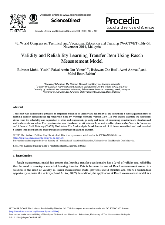 (PDF) Validity and Reliability Learning Transfer Item Using Rasch Measurement Model