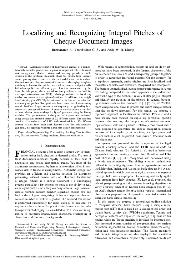 (PDF) Localizing And Recognizing Integral Pitches Of Cheque Document Images