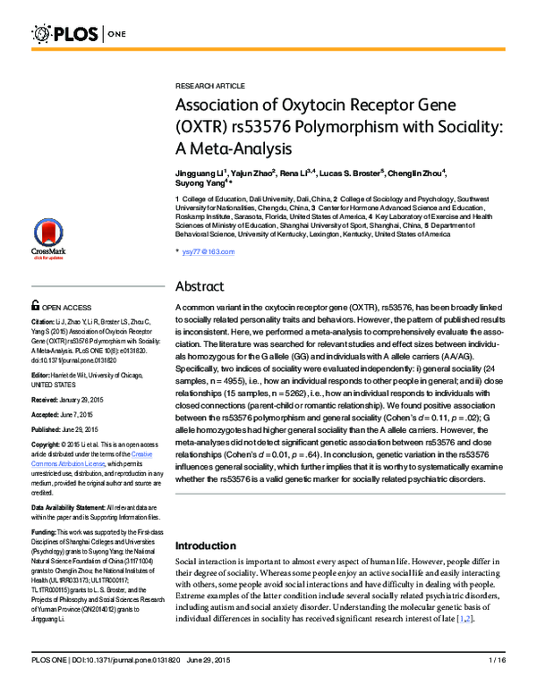 (PDF) Association of Oxytocin Receptor Gene (OXTR) rs53576 Polymorphism ...