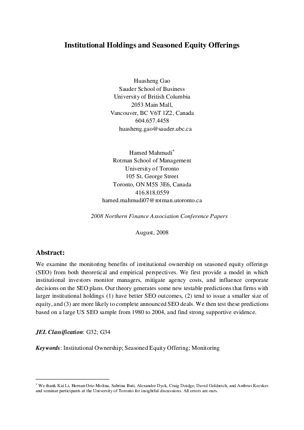 (PDF) Institutional Holdings and Seasoned Equity Offerings