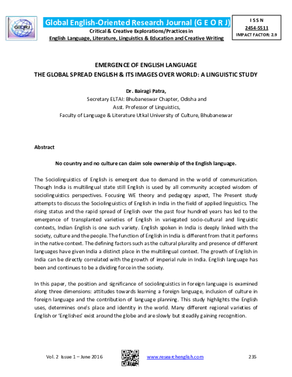 (PDF) Emergence of English Language the Global Spread English & Its ...