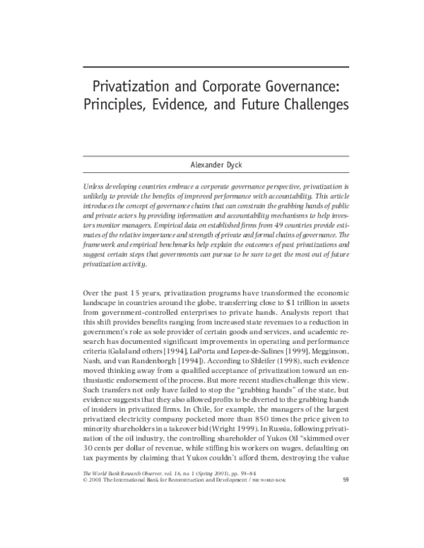 (PDF) Privatization and Corporate Governance: Principles, Evidence, and ...