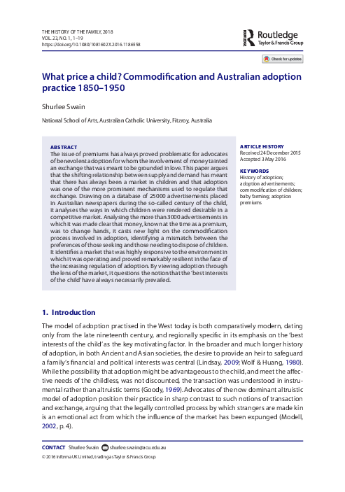 (PDF) What price a child? Commodification and Australian adoption ...