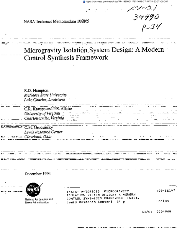 Pdf Microgravity Isolation System Design A Modern Control Synthesis Framework