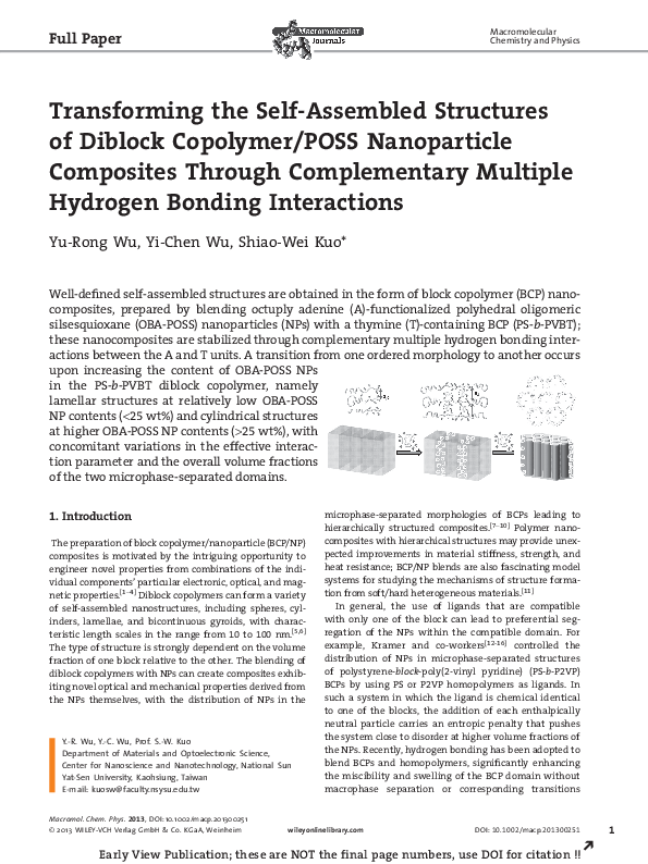 Pdf Transforming The Self Assembled Structures Of Diblock Copolymerposs Nanoparticle
