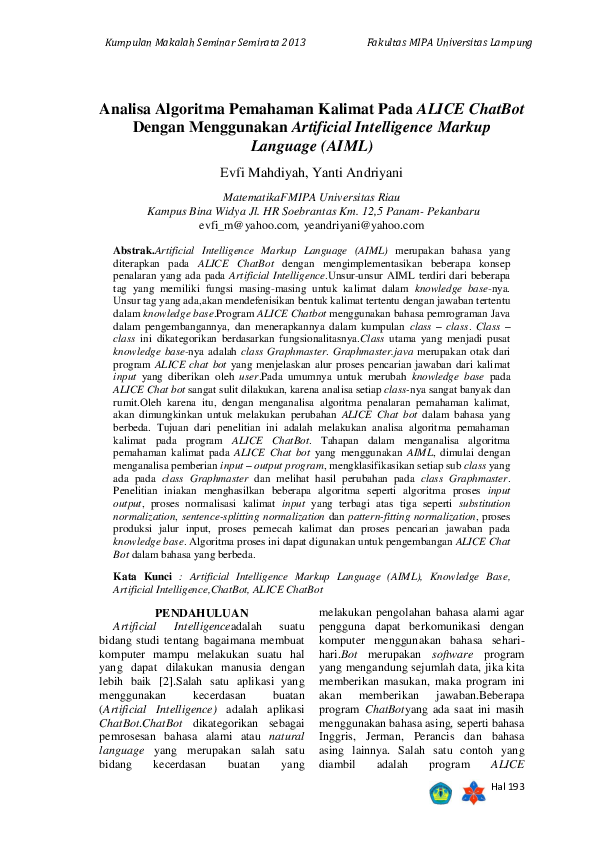 (PDF) Analisa Algoritma Pemahaman Kalimat Pada ALICE ChatBot Dengan Menggunakan Artificial ...