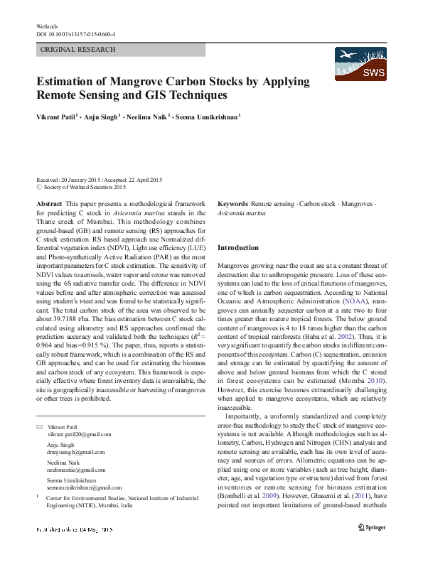 Pdf Estimation Of Mangrove Carbon Stocks By Applying Remote Sensing And Gis Techniques