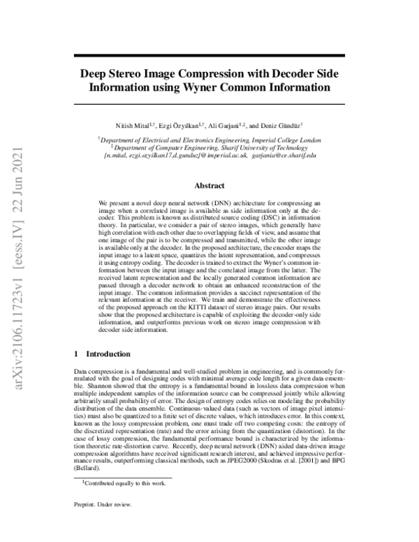 (PDF) Deep Stereo Image Compression with Decoder Side Information using Wyner Common Information