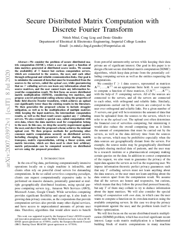 (PDF) Secure Distributed Matrix Computation with Discrete Fourier Transform