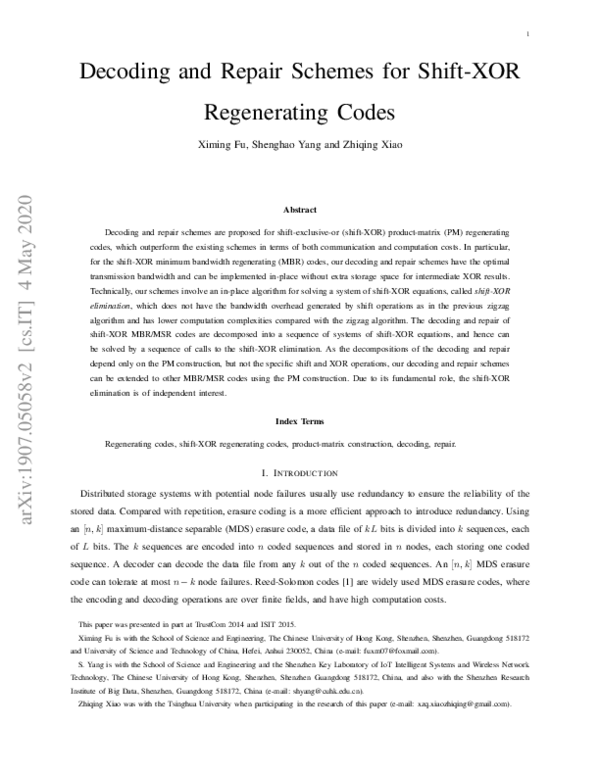 (PDF) Decoding and Repair Schemes for Shift-XOR Regenerating Codes