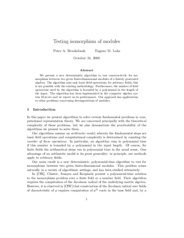 Pdf Testing Isomorphism Of Modules Eugene Luks