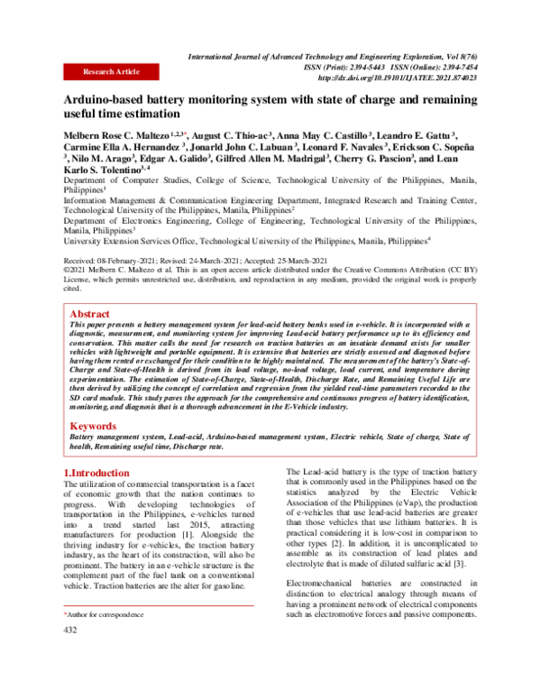 Pdf Arduino Based Battery Monitoring System With State Of Charge And Remaining Useful Time 