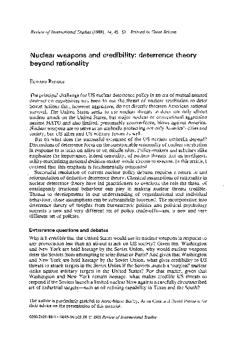(PDF) Nuclear weapons and credibility: deterrence theory beyond rationaiity